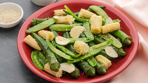 Steamed Okra, Young Corn, and Snow Peas Recipe