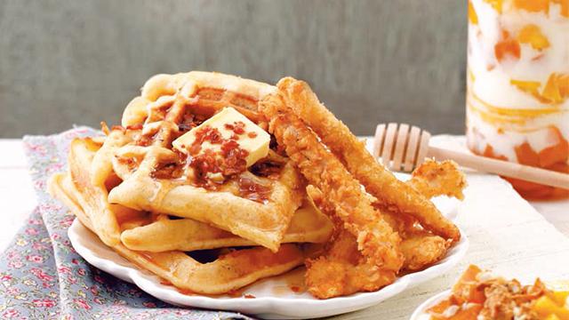 Chicken Tenders and Cheesy Bacon Waffles